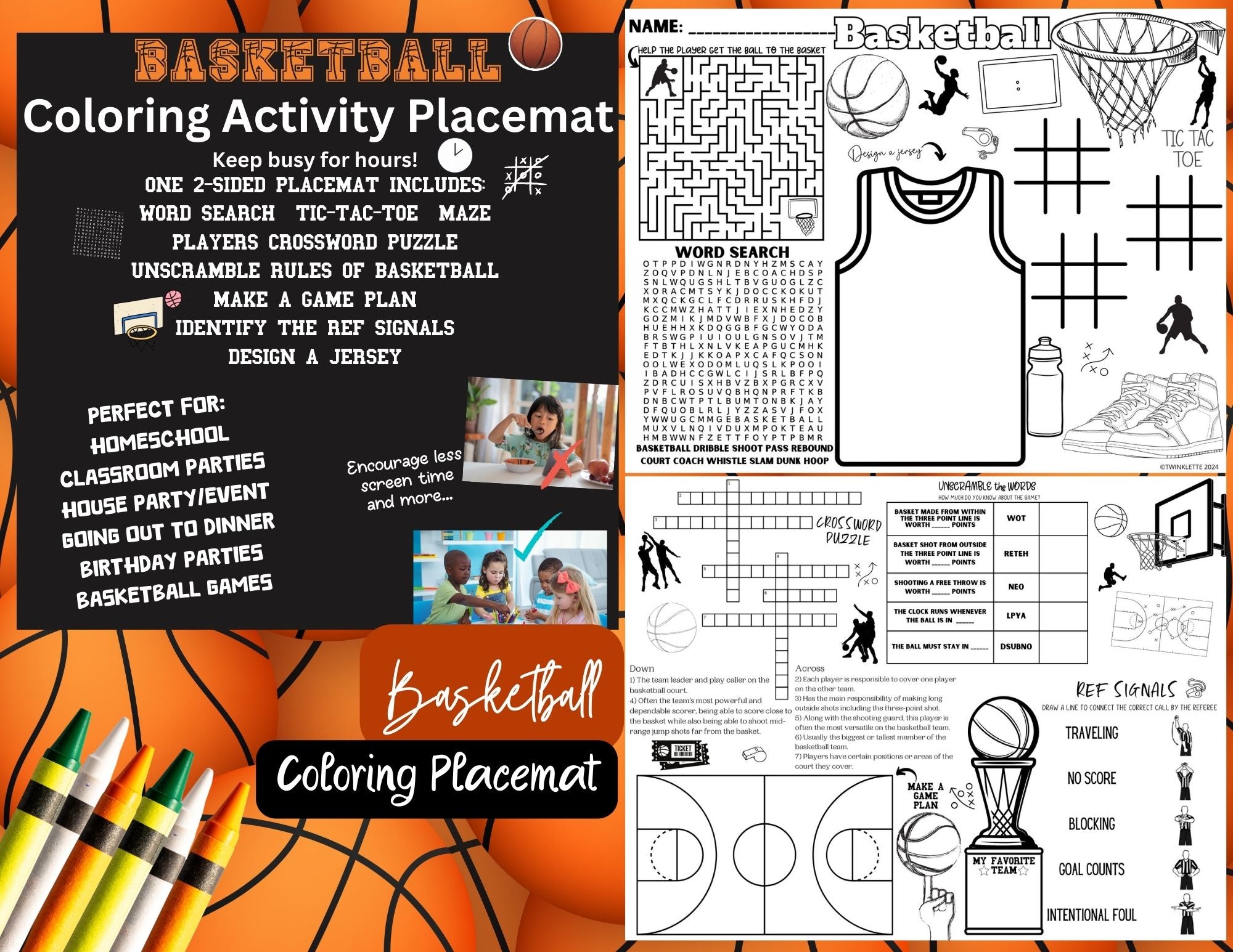 Basketball Coloring Activity Placemat - Fun and Learning Sport Digital